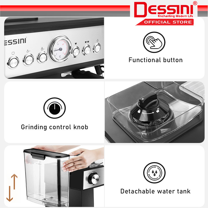 DESSINI ITALY 20 Bar 1.5L Espresso Coffee Maker Brew Cappuccino Latte ...