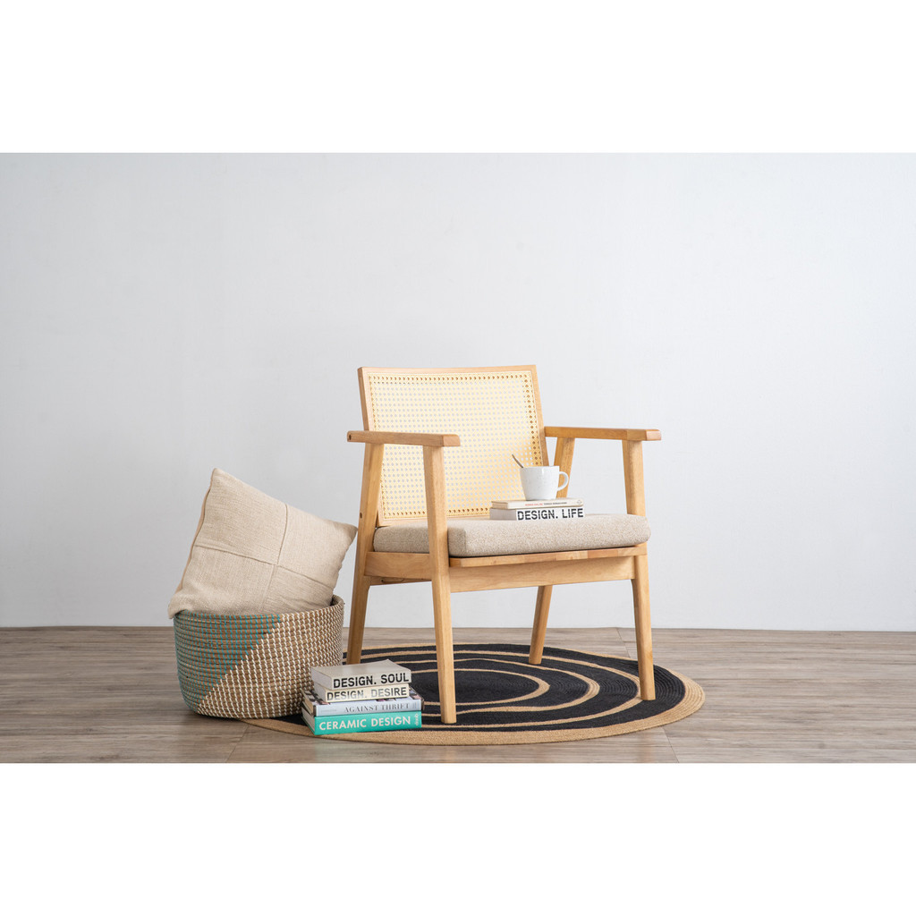 Lanson Arm Chair Japandi Muji Solid Wood rattan back rest Lounge Chair ...
