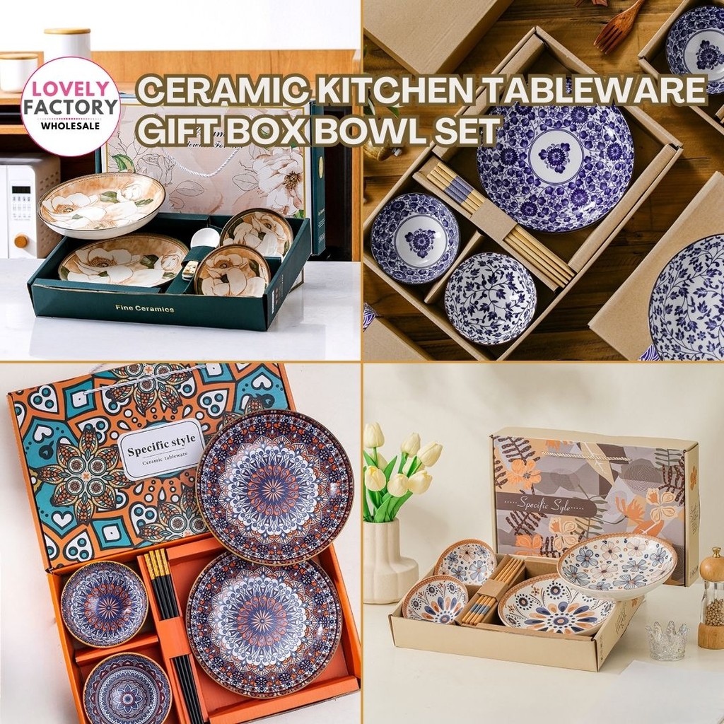 Ceramic Kitchen Tableware Gift Box Bowl Set Of 6 Spoon / Chopstick ...