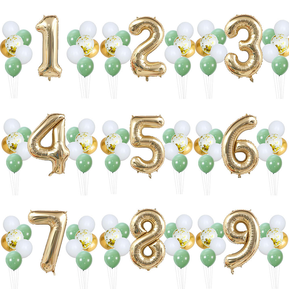 14pcs Sage Green White Metal Gold Balloons Set 40inch Light Gold Number ...