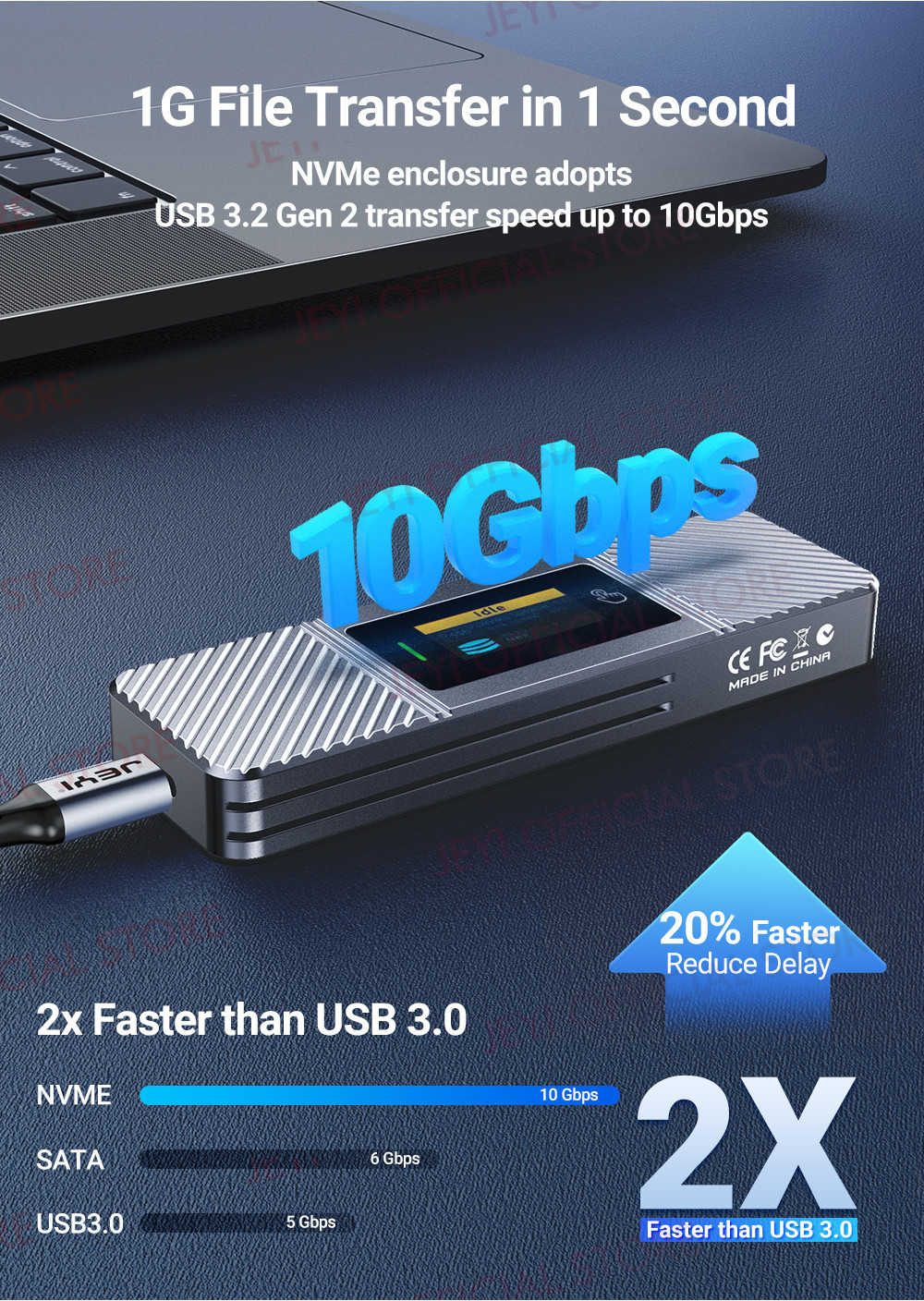 JEYI Visual Smart M.2 NVMe / SATA SSD Enclosure, USB 3.2 Gen 2 10Gbps ...