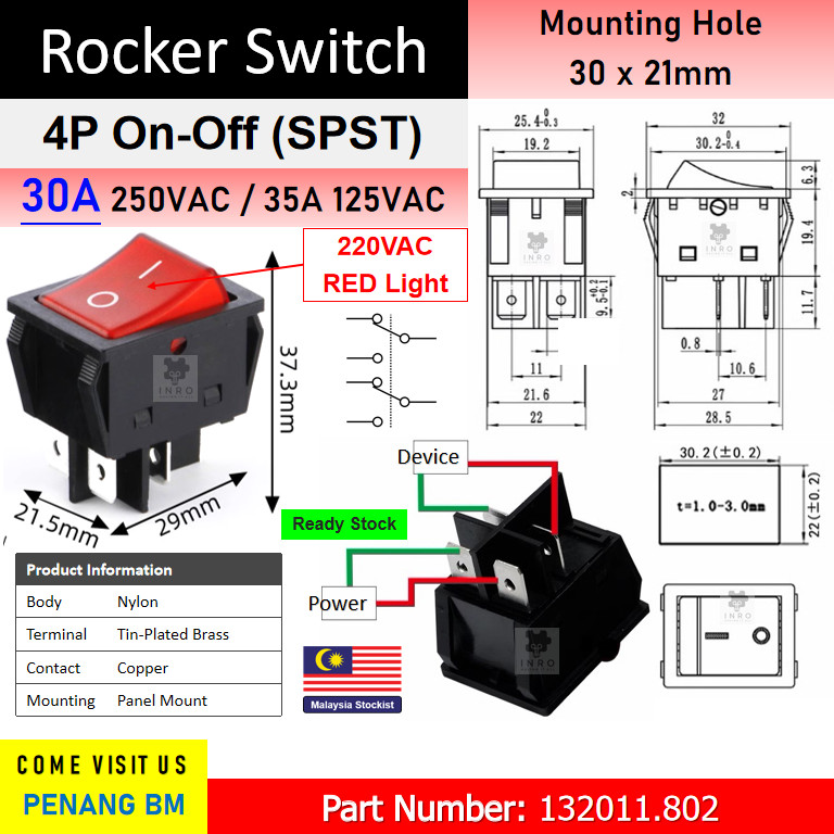 [30A 250V] 4 Pin / 6 Pin DPST DPDT KCD4 Rocker Switch Suis Rocker, AC ...