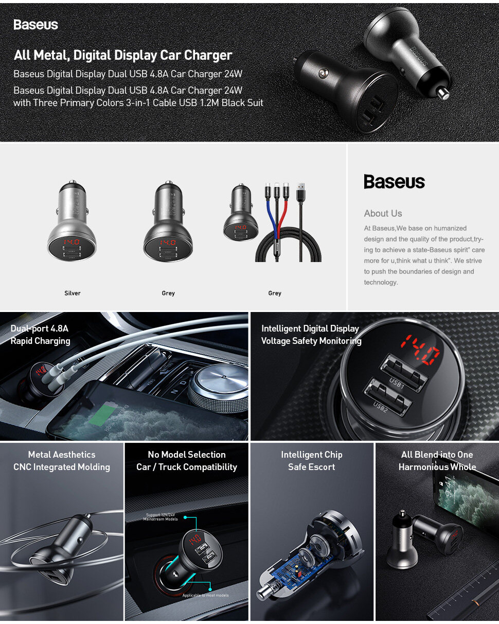 Baseus 24W 4.8A Dual USB Metal Car Charger LED Display fast Charging ...