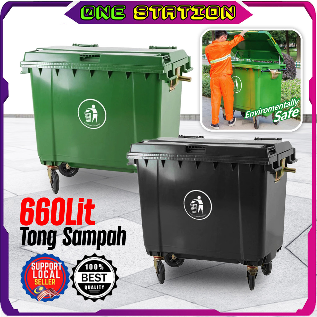 660L Tong Sampah Besar Hijau Bertutup Beroda Outdoor Dustbin with Wheel ...