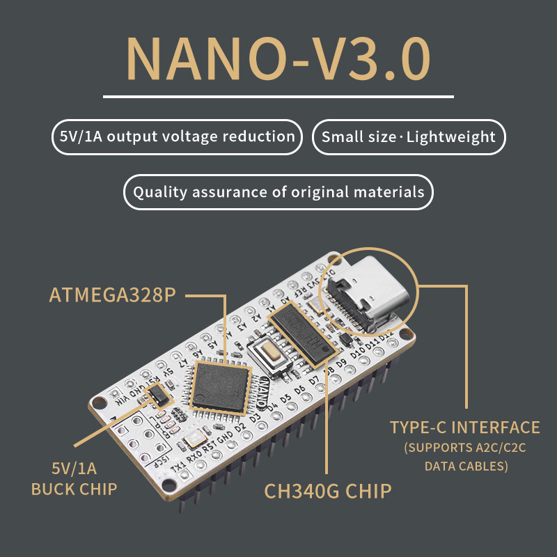 Compatible with Arduino Nano V3.0 CH340G Improved Atmega328P Development Board Type-C Interface ...