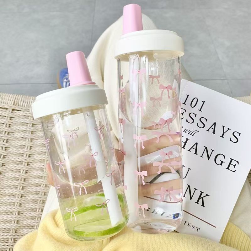 700ML Ribbon Style Bubble Tea Tumbler with Straw | Cute Plastic Drink ...
