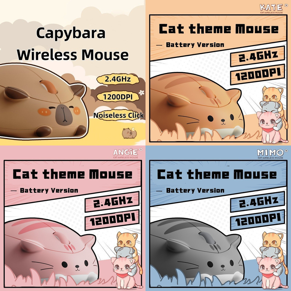 Cute Capybara/Cat Theme Silent Wireless Mouse 2.4G with USB Mini ...