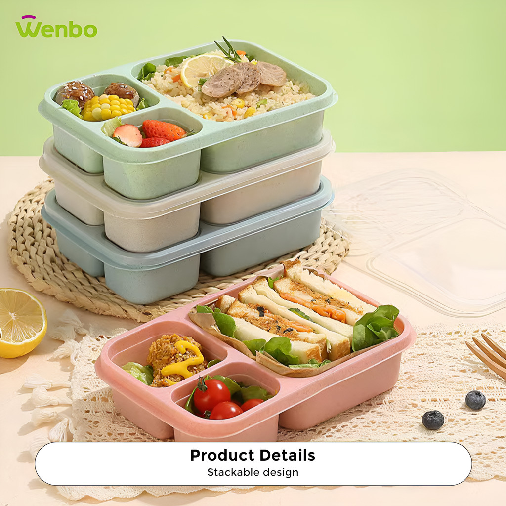 Wenbo Portable Three Grid Rectangle Wheat Straw Lunch Box Lightweight ...