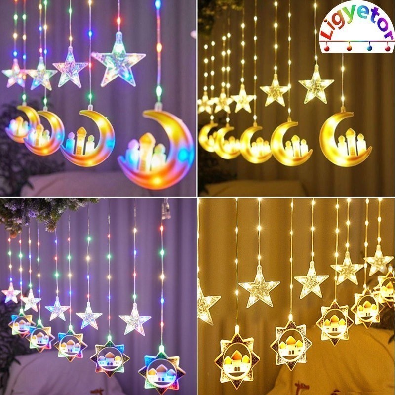 Ligyetor Malay Islamic LED Moon Curtain String Lights Castle Colored ...