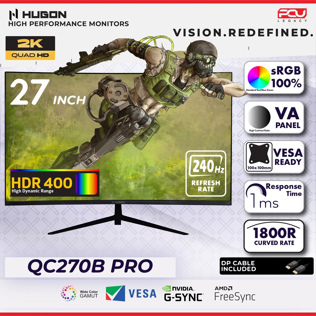 HUGON 27" 240Hz QHD 2K 1ms HDR400 Curved Adaptive-Sync Gaming Monitor ...