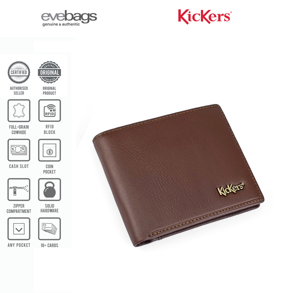 KICKERS Full Grain Cowhide RFID BLOCKING Bi-Fold Mid Flip Short Wallet ...