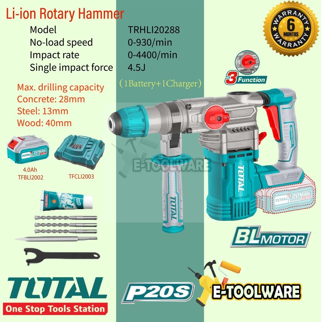 Total TRHLI20288 Li-ion Rotary Hammer Brushless Motor With SDS + Chuck ...