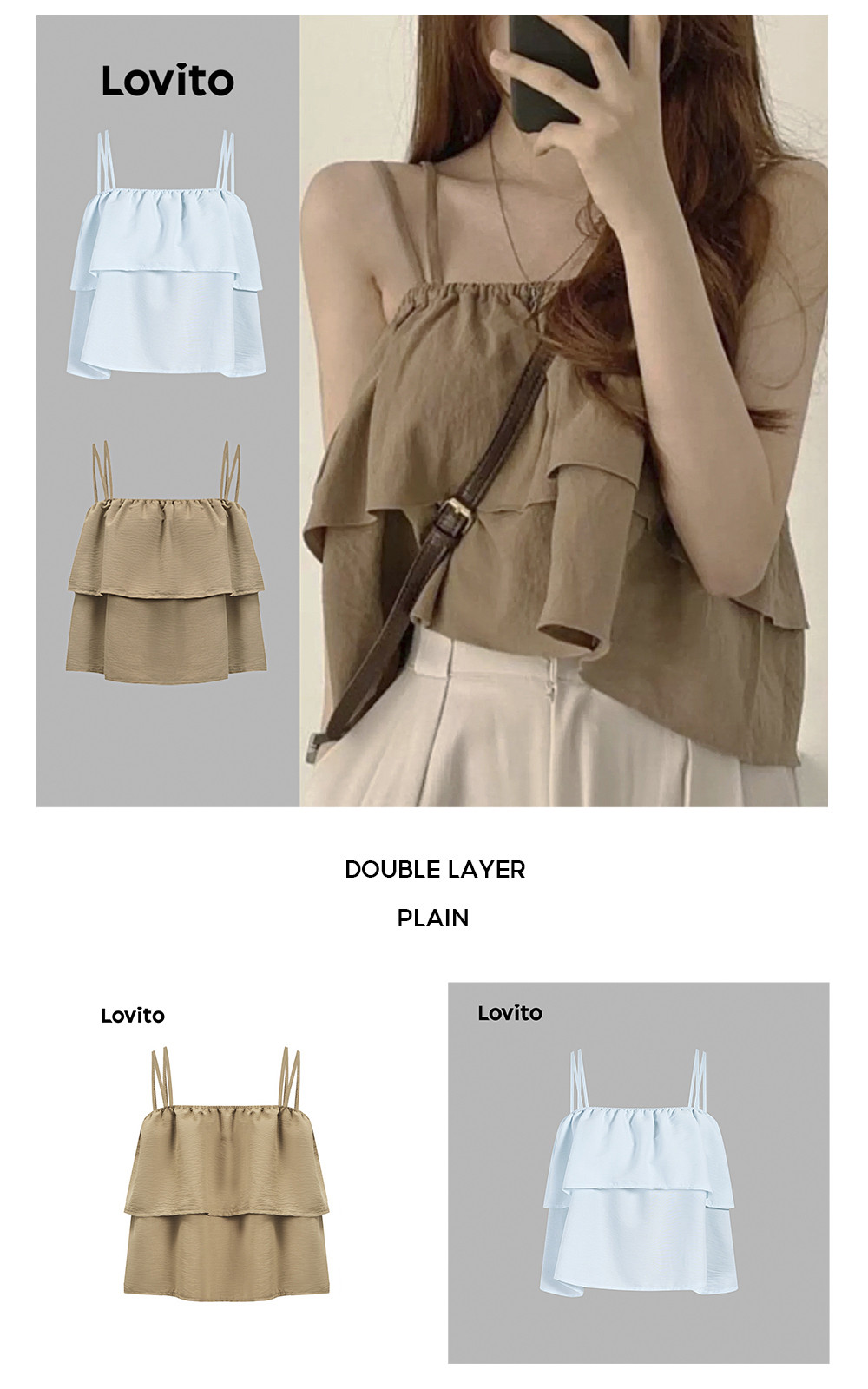 Lovito Elegant Tank Top Plain Double Layer Tank Top for Women L91ED391 ...