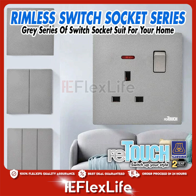 (SIRIM) Retouch Ultra Rimless Grey Switch Socket 1/2/3/4 Gang 1/2Way ...