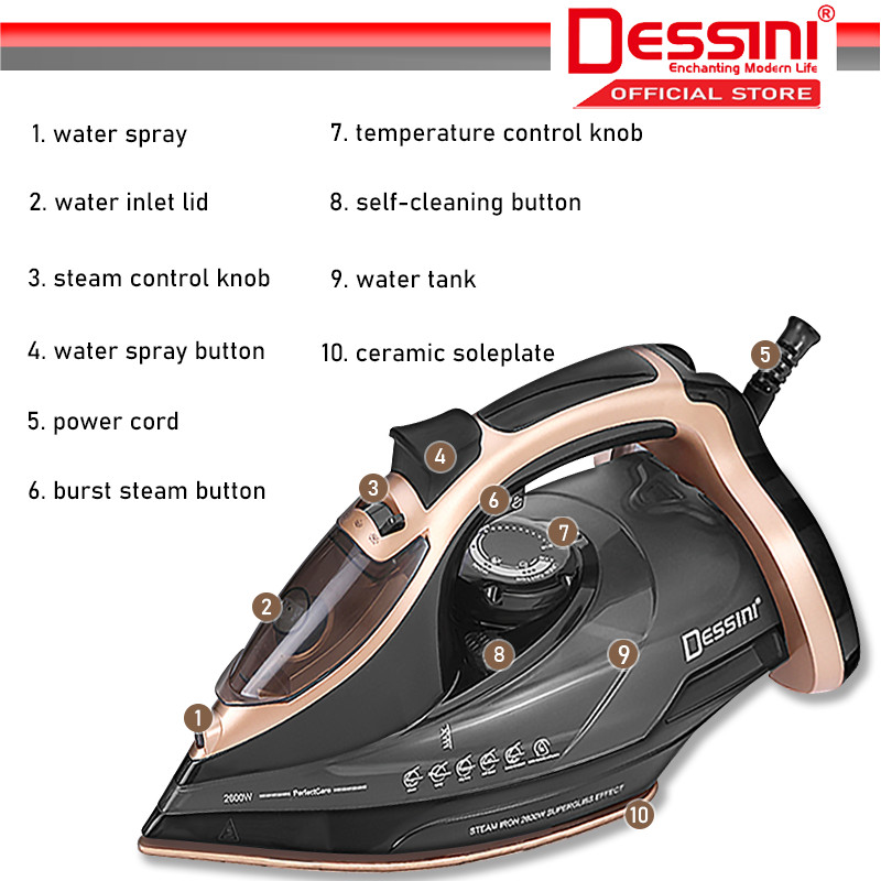 DESSINI ITALY 2400W Electric Ceramic Soleplate Garment Steam Iron ...