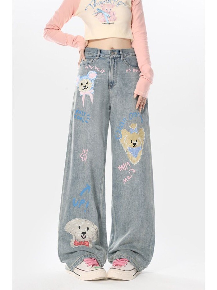 IELGY Graffiti print jeans women's design loose straight wide leg ...