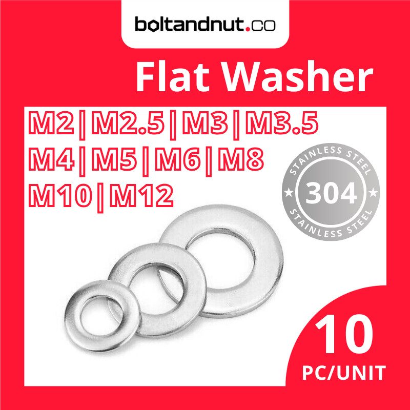 [10pcs] Flat Washer SUS 304 Stainless Steel Grade A2-70 | M2 M2.5 M3 M3.5 M4 M5 M6 M8 M10 M12 ...