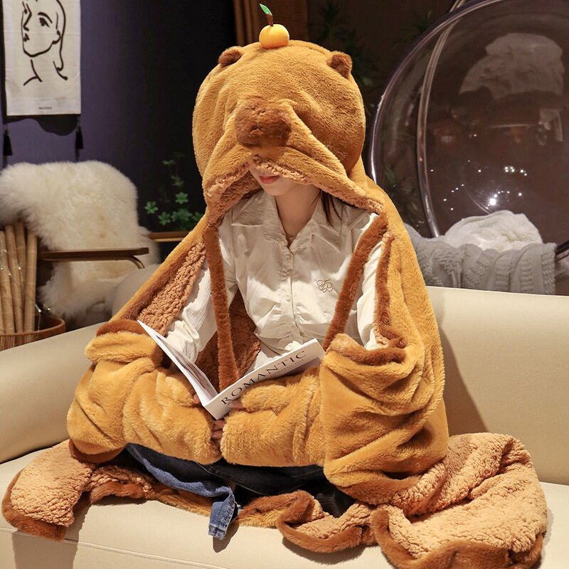 Lovely Capybara Plush Soft Cloak Cartoon Black Cloak Coral Fleece Air ...