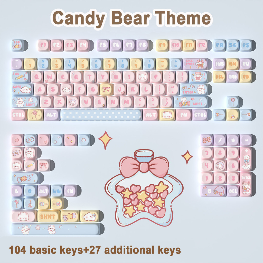 131 Keys Cute Cartoon Keycaps Candy Bear Theme PBT Wear Resistant ...