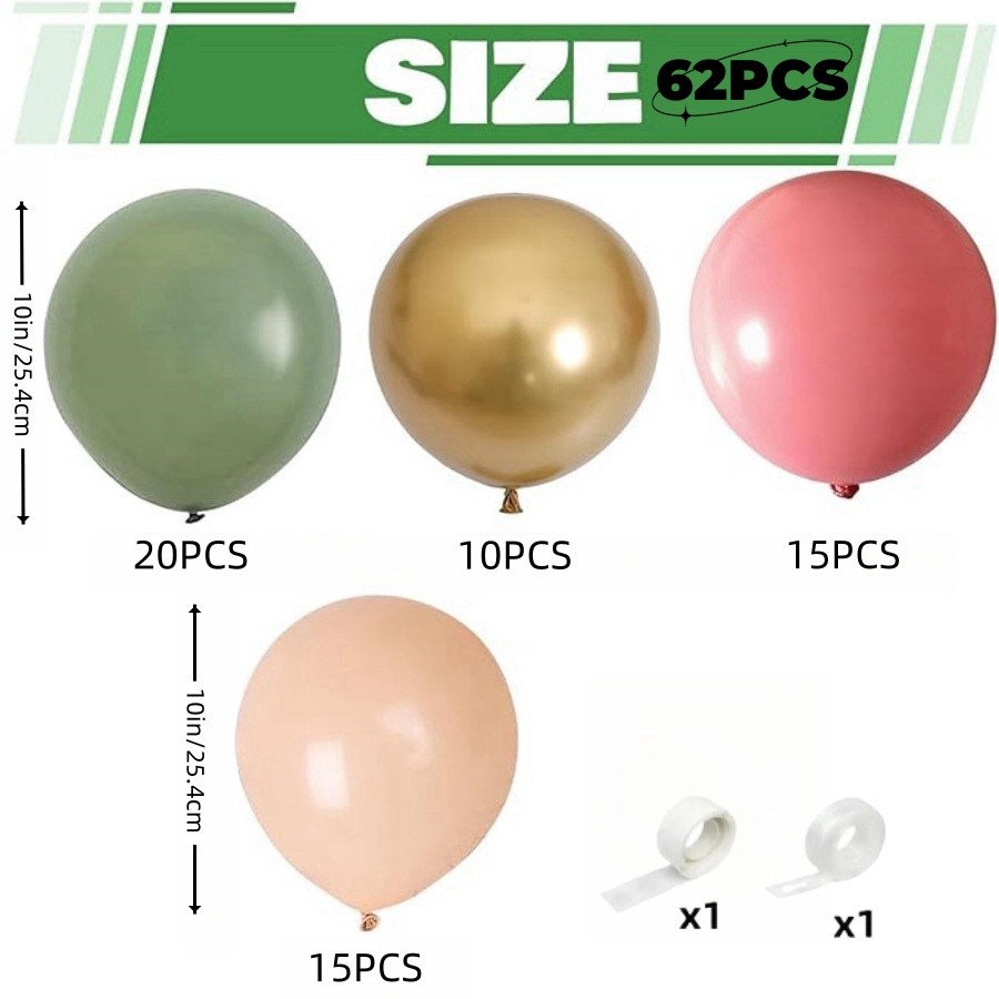 62pcs 10 Inch Bean Green and Vintage Pink Skin Tone Metallic Gold Latex ...
