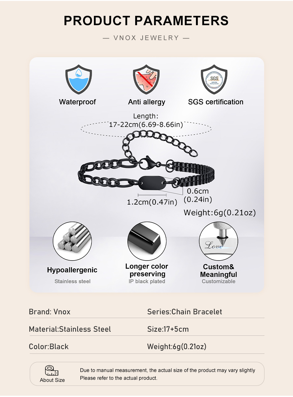 Vnox Stainless Steel Personalized Name Bracelet for Male Female, Box Chain Splicing Figaro Chain ...