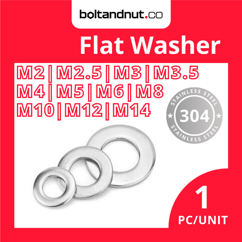 Flat Washer SUS 304 Stainless Steel Grade A2-70 | M2 M2.5 M3 M3.5 M4 M5 M6 M8 M10 M12 M14 ...