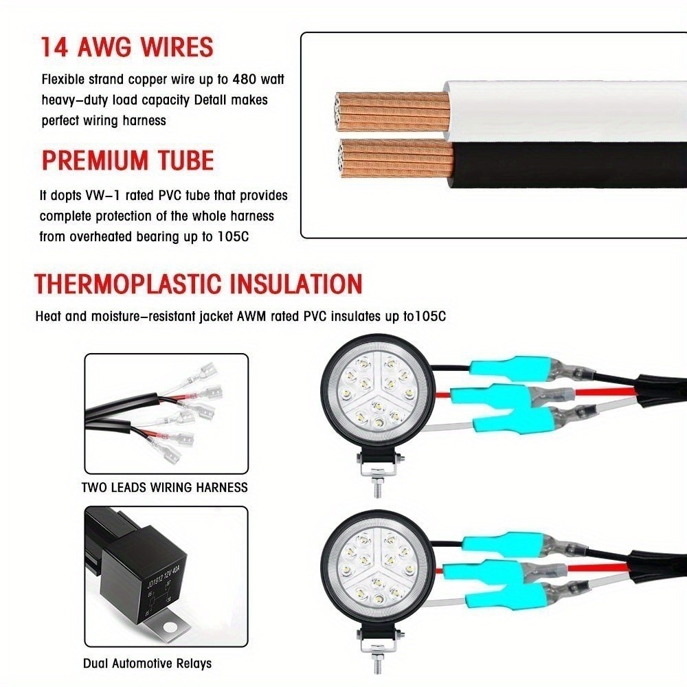 New Style LED Light Bar wires Kit 480W 2 Leads 14 LED awg wires with ...