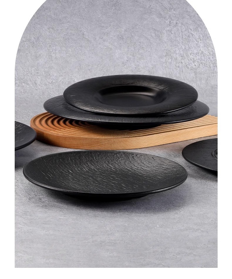 Melamine Tableware Plate Japanese-Style Imitation Porcelain Black Round ...