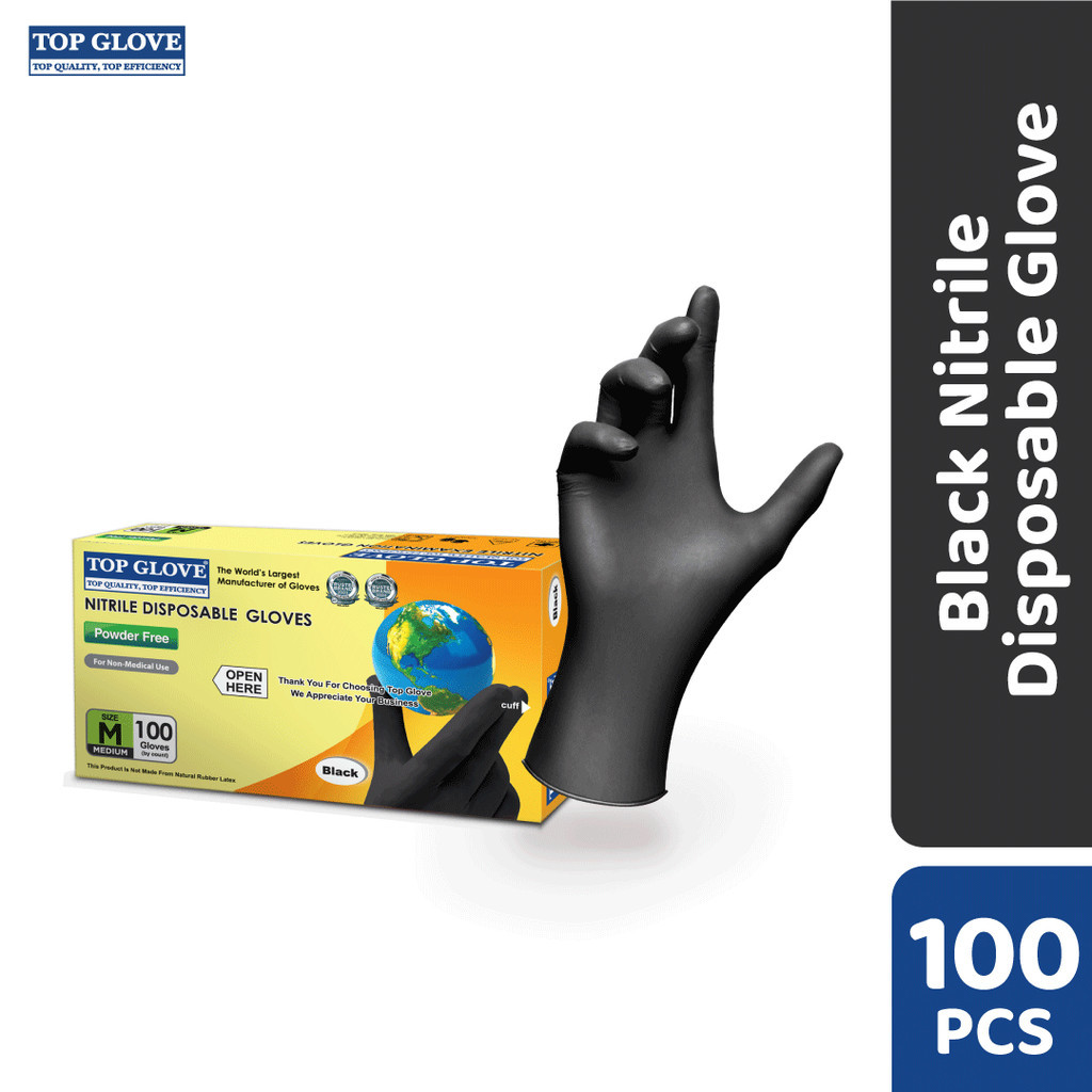 Top Glove Nitrile Disposable Powder Free Glove, Black |100 Pcs Per Box ...