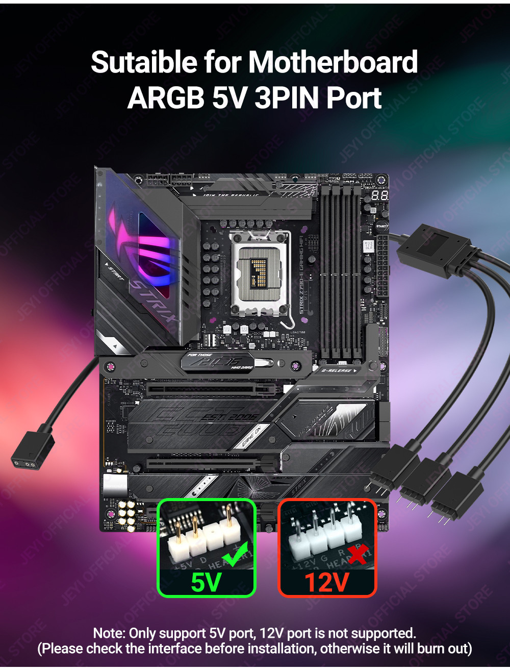 JEYI 1 to 3 ARGB Splitter Cable, 5V 3Pin Addressable RGB Extension ...