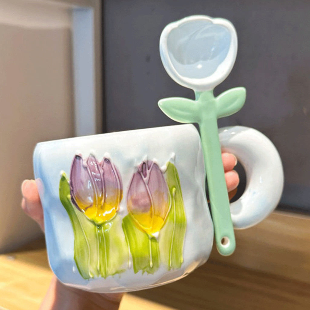 450mL PERCUMA Sudu Dan Penutup Flower Cawan Comel Seramik Set Hadiah ...