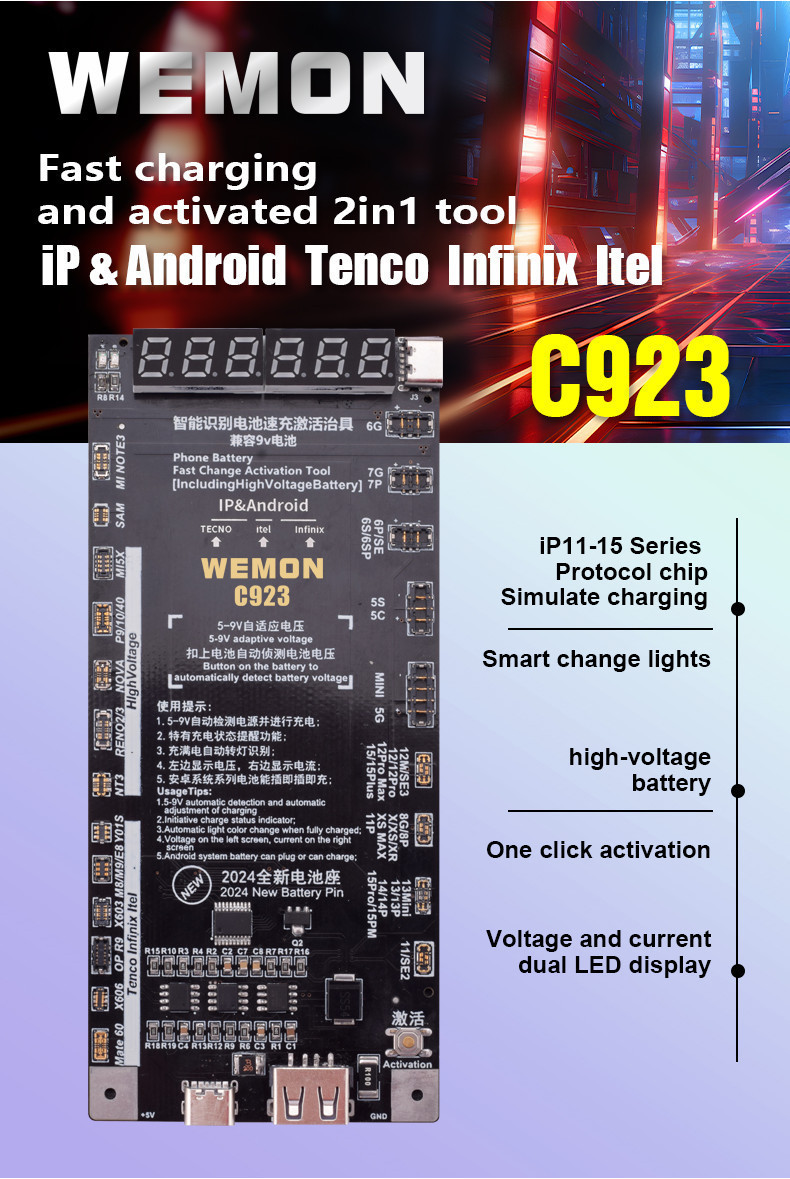 C923 Wemon Fast Charging Activated Board Tool for IPhone 5-15 Android Tenco 5-9V Battery ...