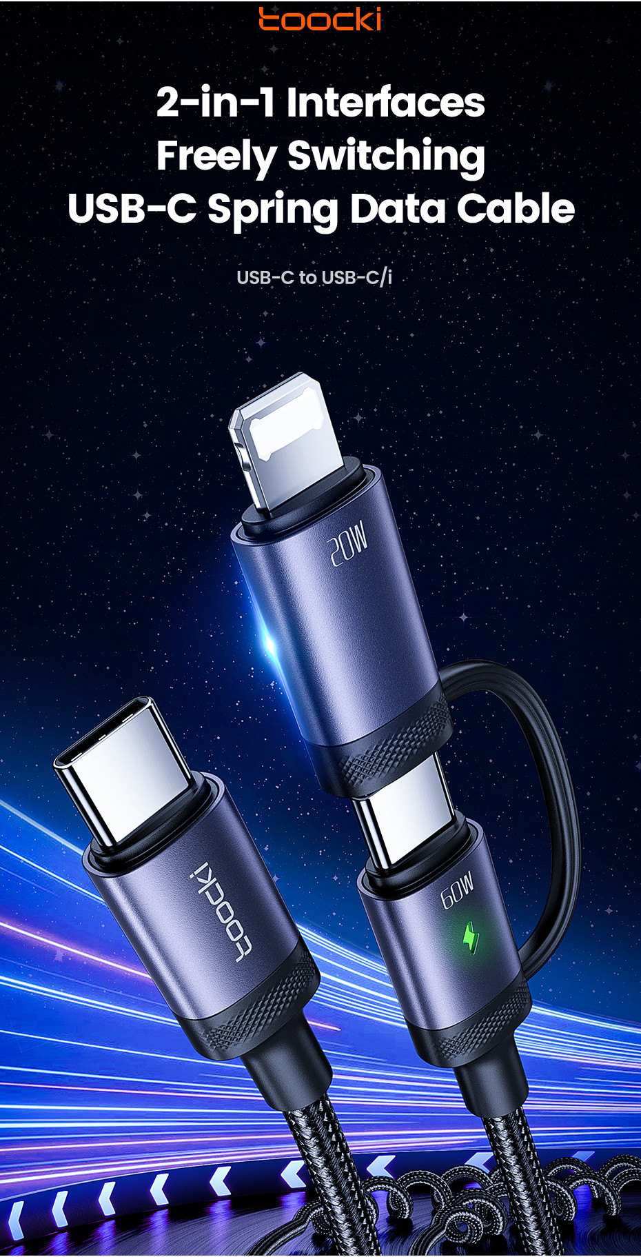 Toocki 60W 2-in-1 Spring Stretch Cable USB/Type C to Type C Fast ...