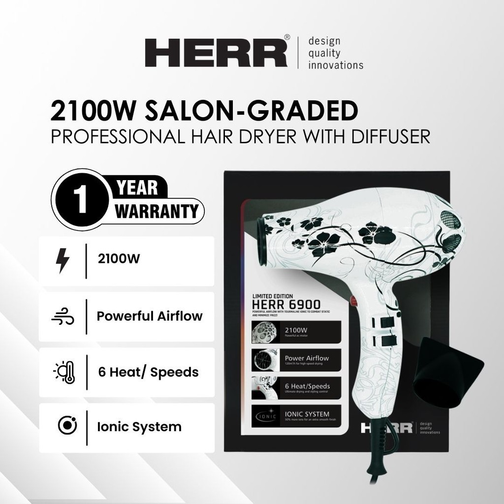 HERR 6900 2100W Professional Salon Ionic Hair Dryer with Diffuser ...