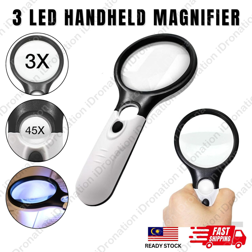 3X 45X Handheld Magnifier Glass with 3 Led Light Magnifying Glasses ...