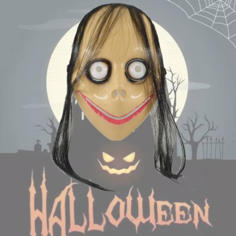 Long Terrifying Hair Momo Mask Plastic Scary Face For Halloween Parties ...