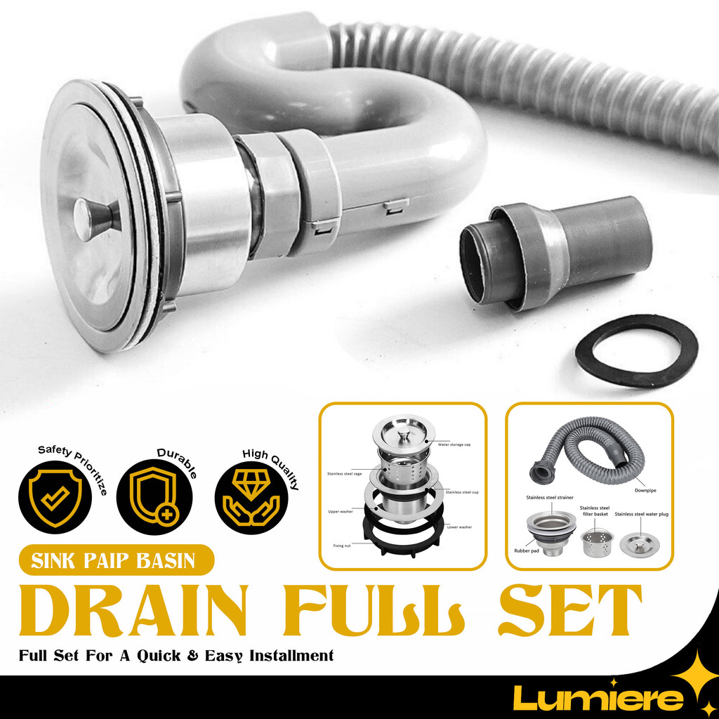 FULL SET 1/2 In Stainless Steel Kitchen Wash Basin Drain Pipe Sink ...