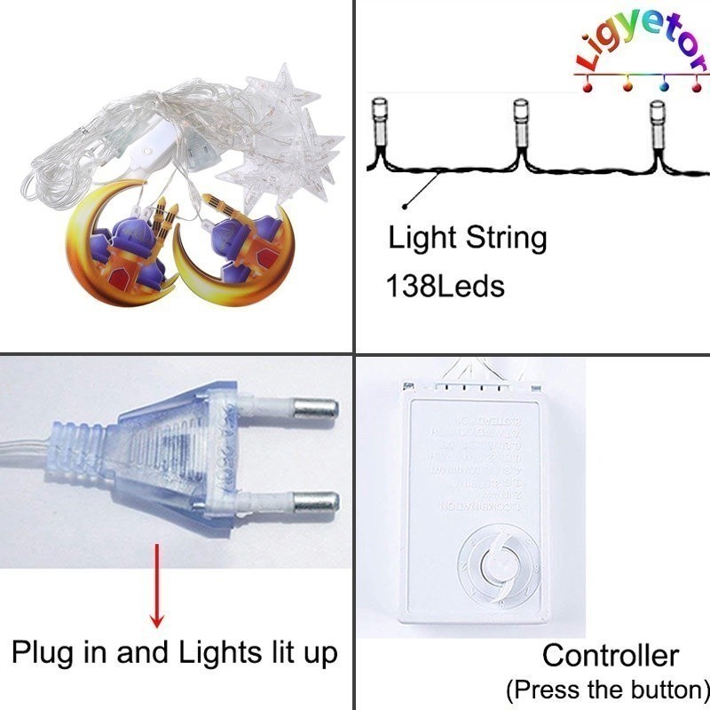 Ligyetor Malay Islamic LED Moon Curtain String Lights Castle Colored ...