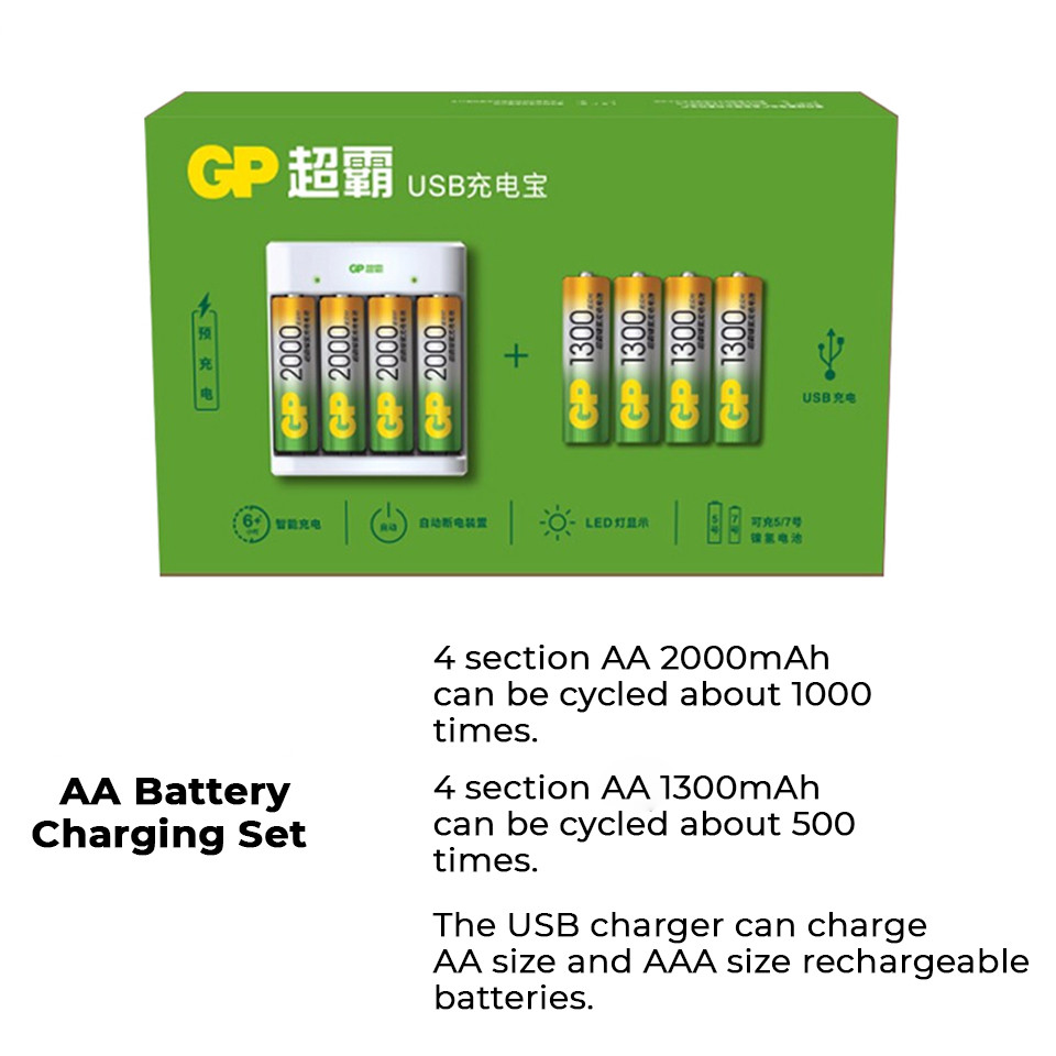 Set Bateri Cas GP Rechargeable AA Battery Charger Set 1300mAh + 2000mAh ...