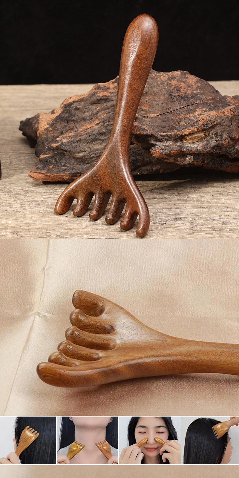Sandalwood Scalp Massage Comb - Deer Antler Acupuncture Comb - Wide Tooth Body Massager Tool ...