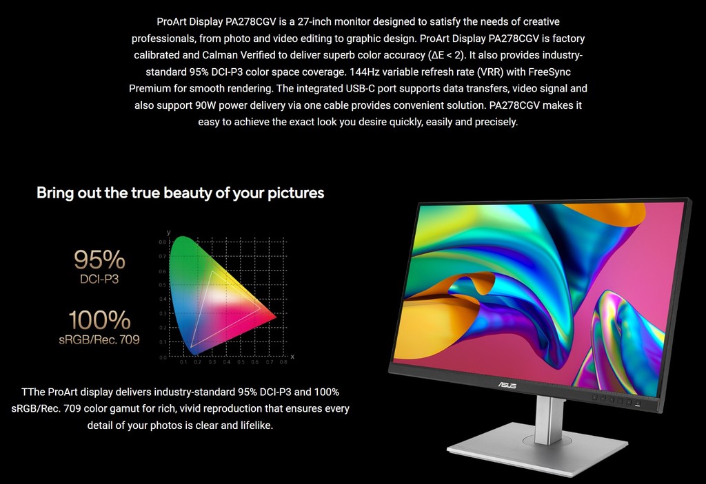 Asus ProArt PA278CGV 27" IPS WQHD 144Hz 5ms HDMI DP Type-C FreeSync HDR ...