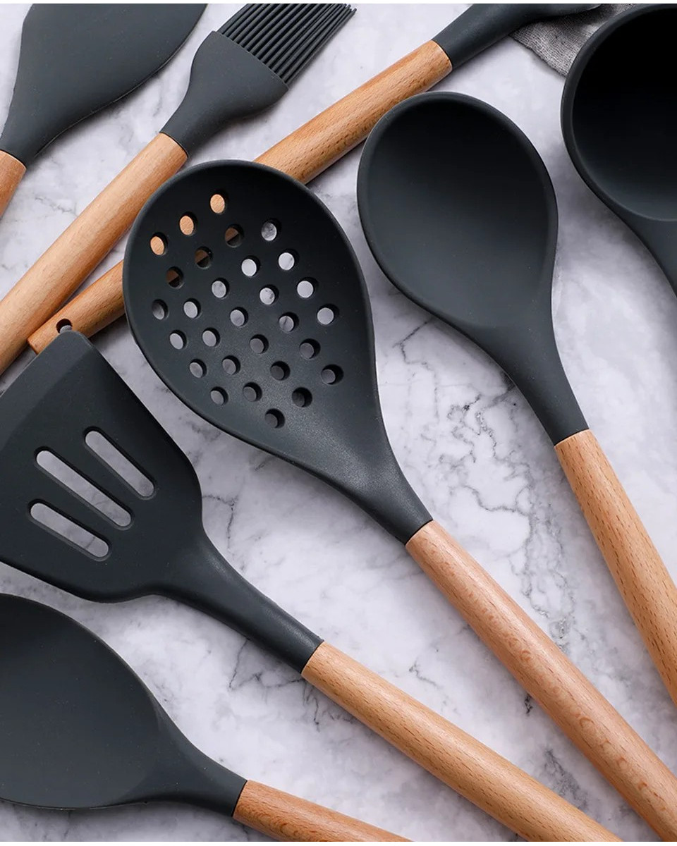 iDECO™ 12PCS Silicone Cooking Utensils Wood Handle Non Stick Cooking ...