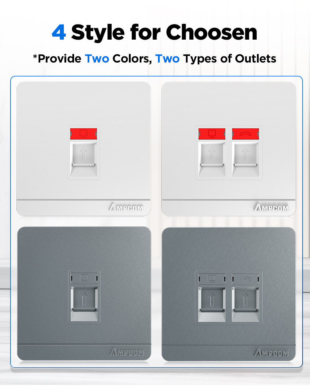 AMPCOM 86*86mm Wall plate with CAT6A Keystone Jack Kit, Tool Free Wall ...