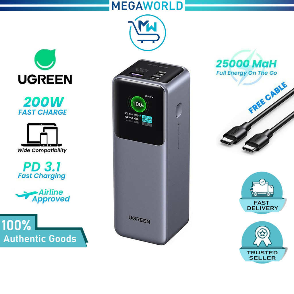 UGREEN Nexode PowerBank 25000mAh 200W PD 3.1 Laptop Fast Charging Portable Charger Smart Display ...