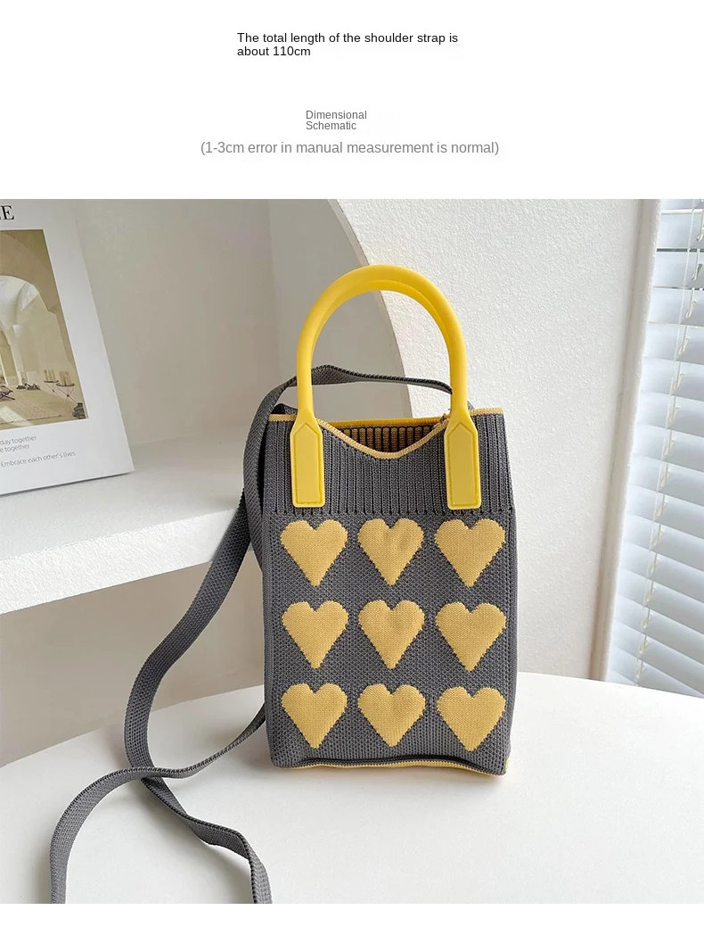 Korean Fashion Heart Knitted Mini Square Handbag for Women Small Mobile ...