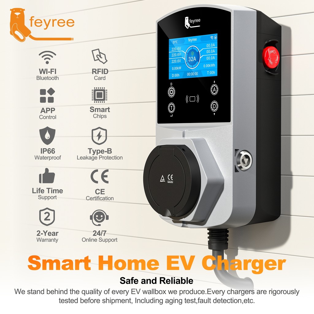 feyree Type2 EV Charger Socket Version 22KW Smart Electric Car Charger for TS-NACS Type1 GB/T ...