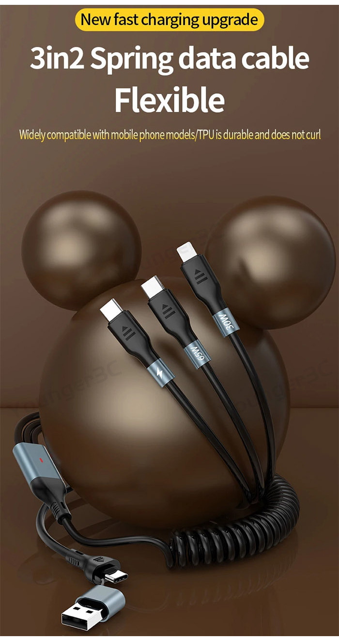 2 to 3 Spring telescopic data cable for ios/Type-C PD 65W super fast ...