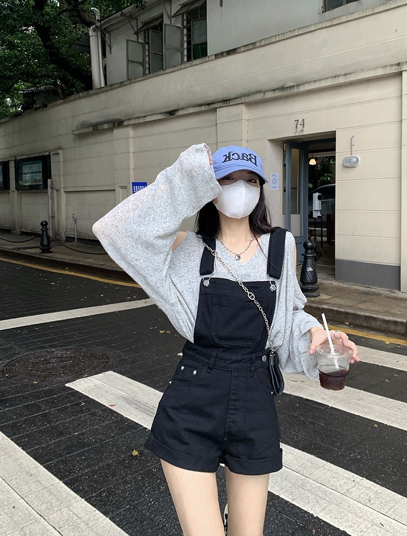 Korean Women's Cotton Denim Overalls - Off-Shoulder Wide Leg Casual ...