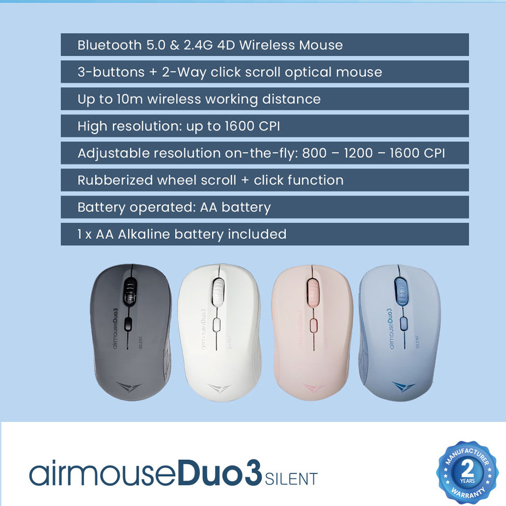 Alcatroz AirMouse Duo 3 Bluetooth + Wireless 2.4G 1600 CPI Silent Mouse ...
