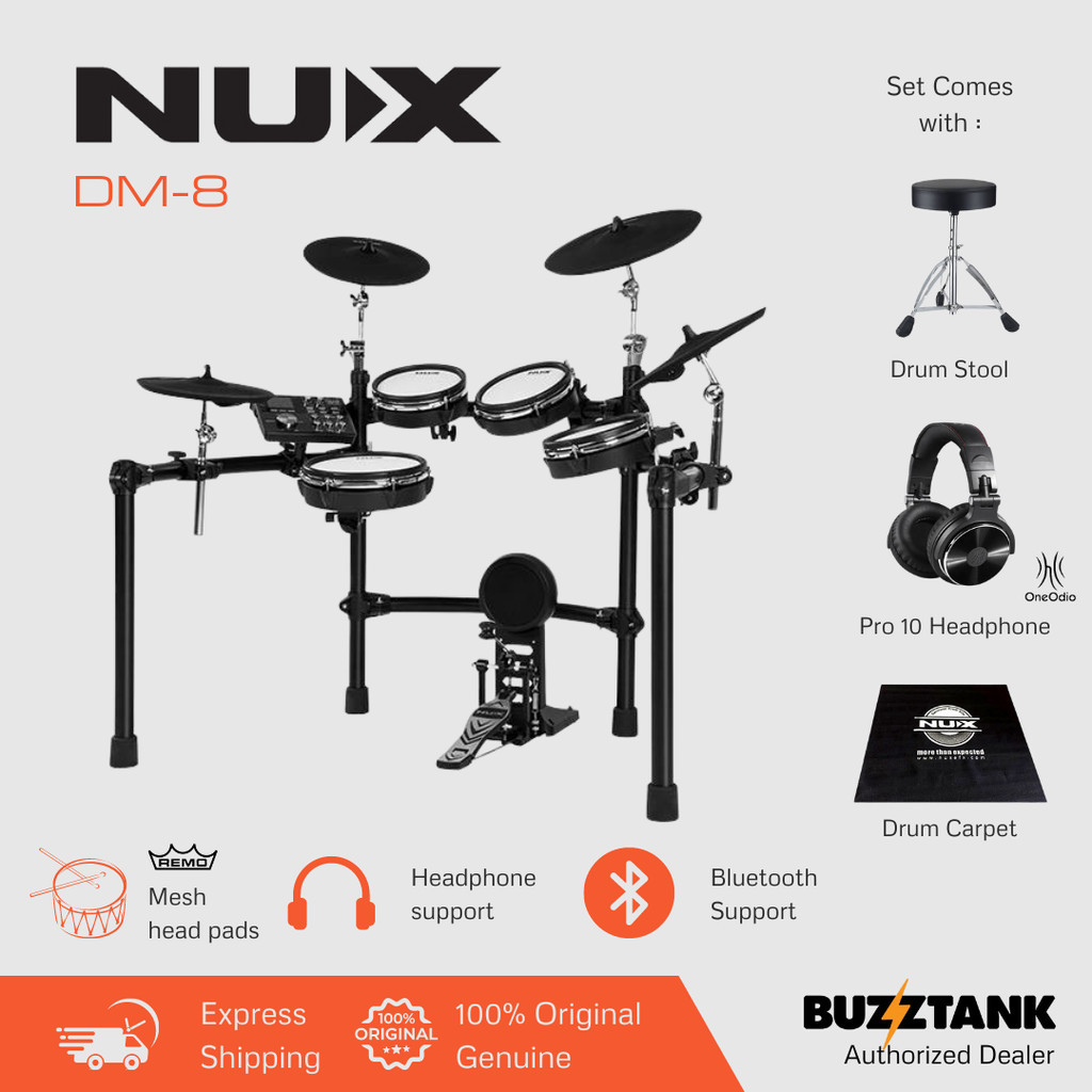 NUX DM-8 5 Piece Professional Digital Electronic Drum Set with Remo ...